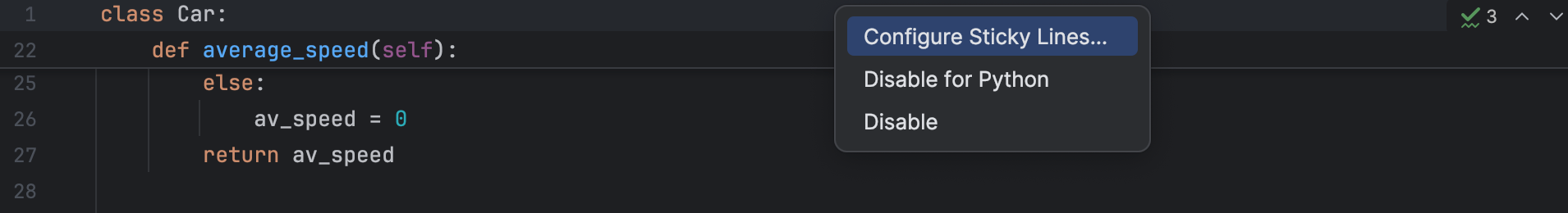 Sticky lines | PyCharm Documentation