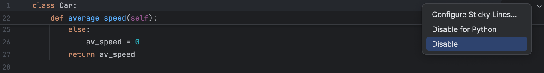 Sticky lines | PyCharm Documentation