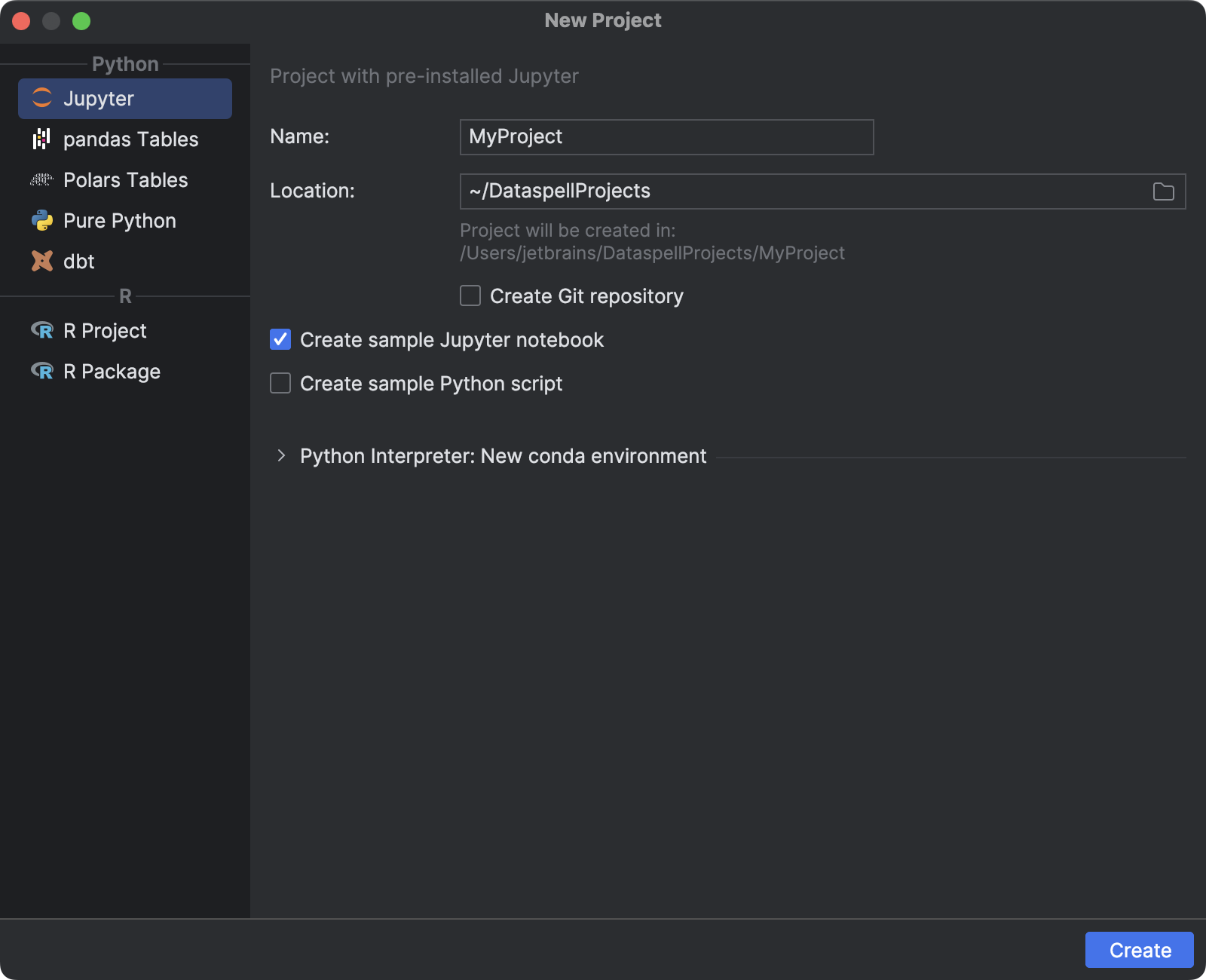 Create a project | DataSpell Documentation