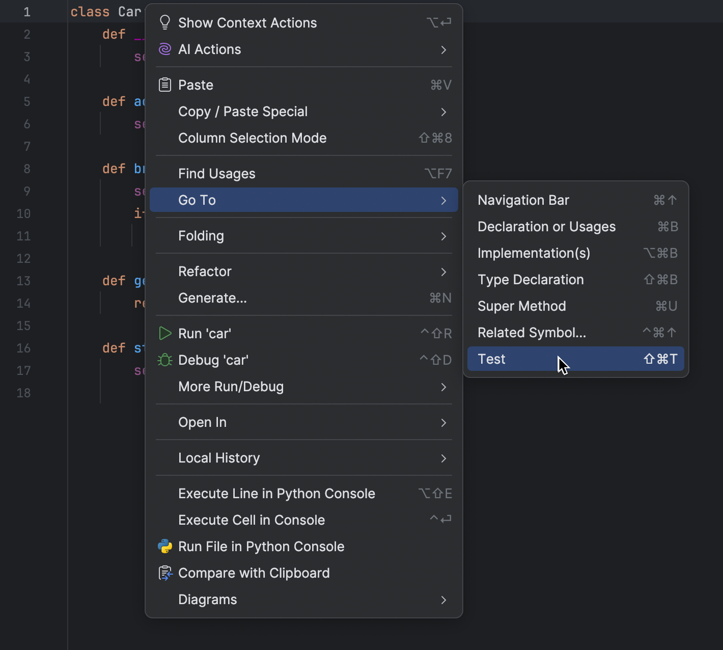 Navigate between test and test subject | PyCharm Documentation