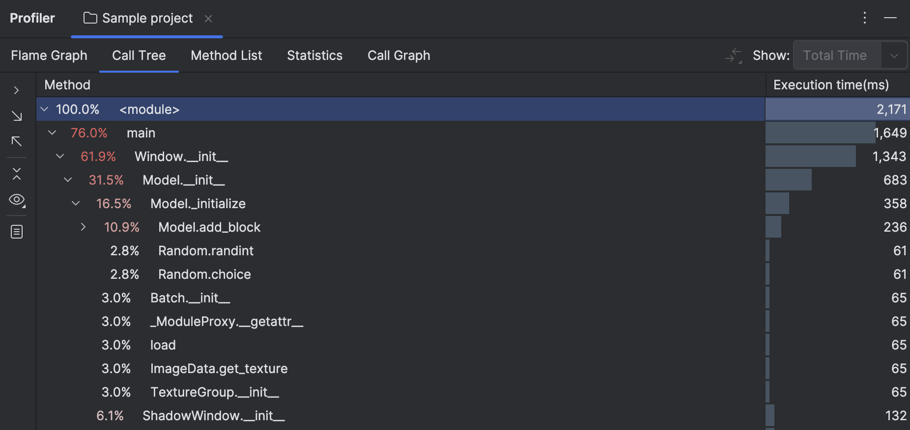Read the profiler snapshot | PyCharm Documentation