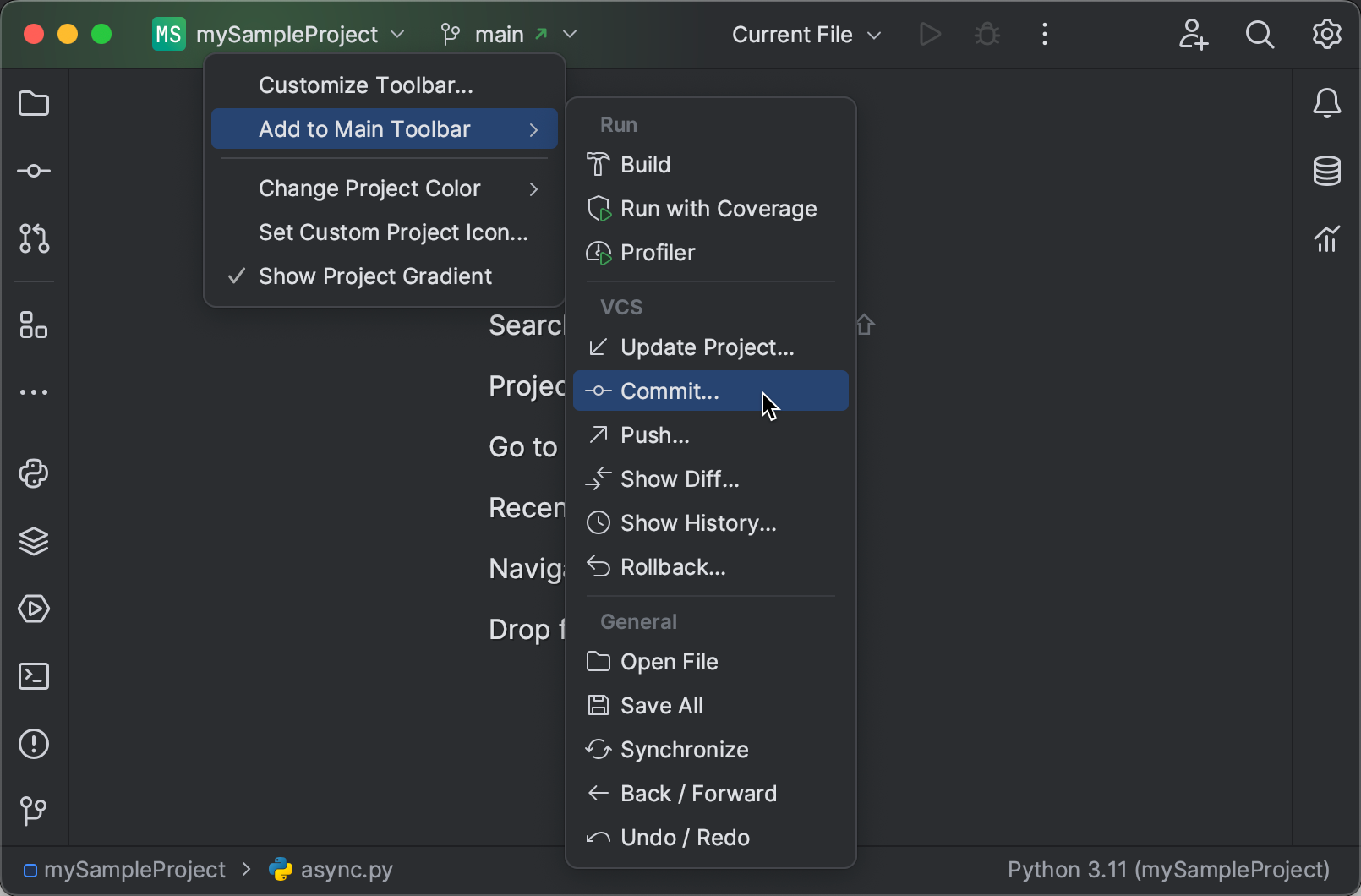 Menus and toolbars | PyCharm Documentation