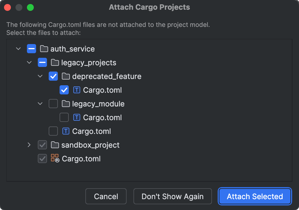 Attaching Cargo projects | RustRover Documentation