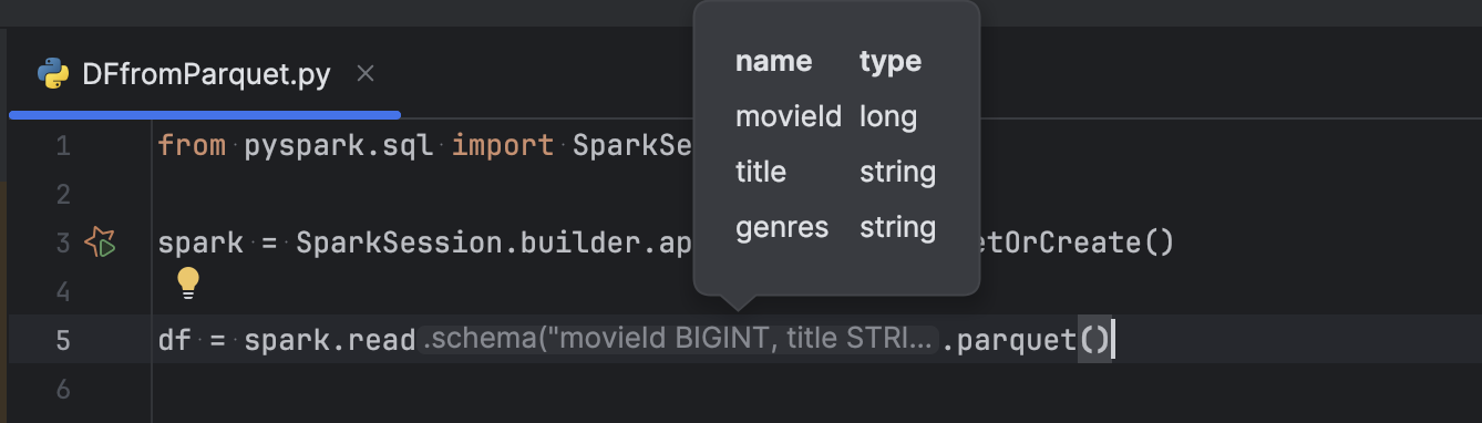 Spark DataFrame コーディング支援 | PyCharm ドキュメント