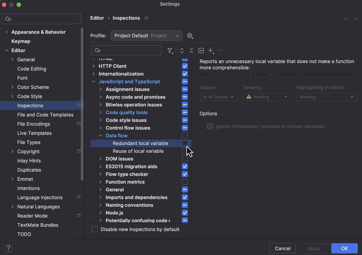 Disabling and enabling inspections | WebStorm Documentation