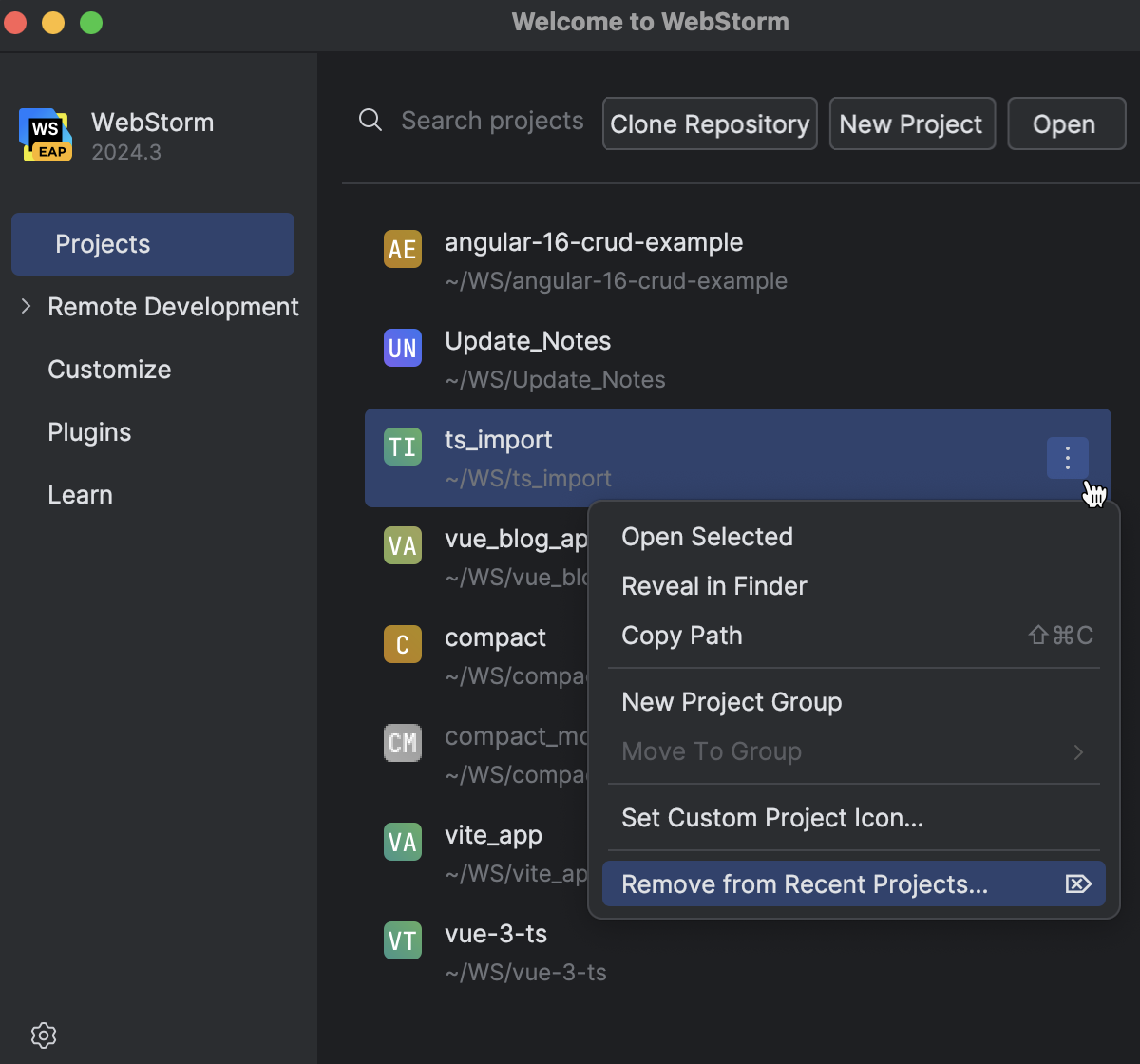 Opening, reopening, and closing projects | WebStorm Documentation