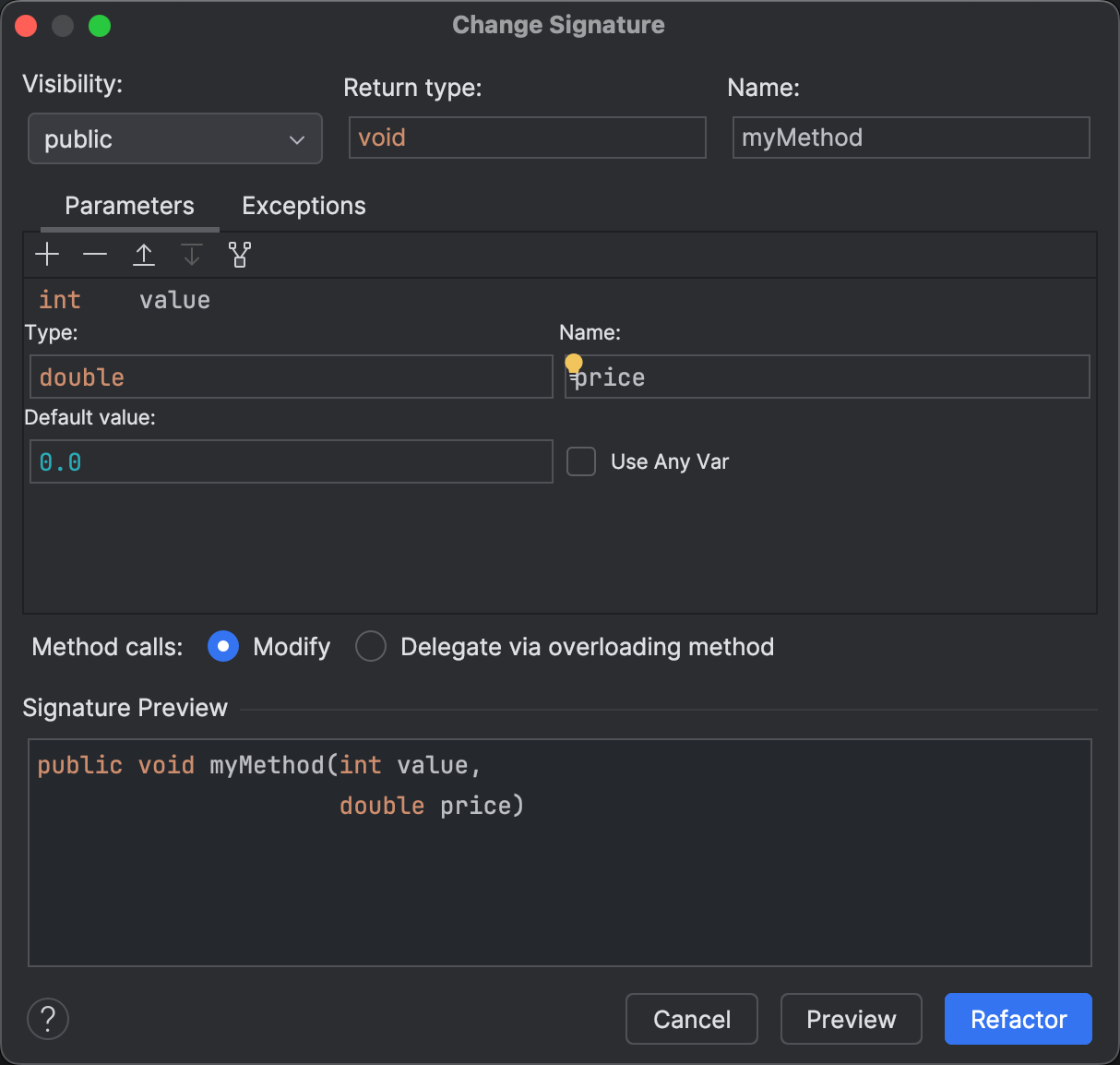 更改签名 | IntelliJ IDEA 文档