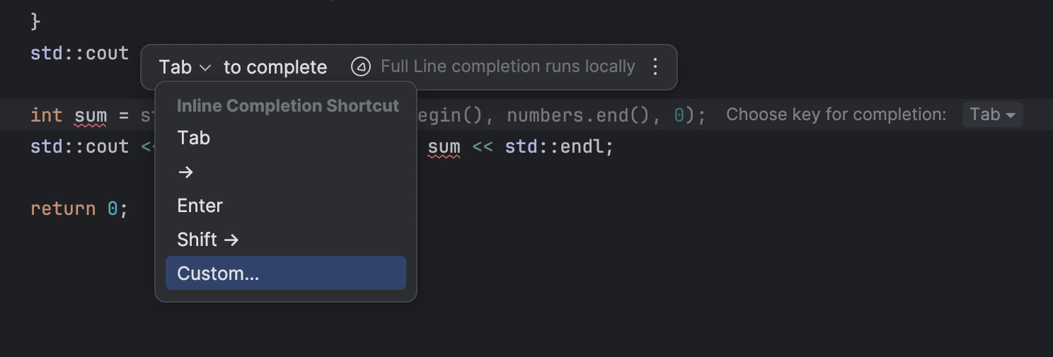 Full Line code completion | CLion Documentation