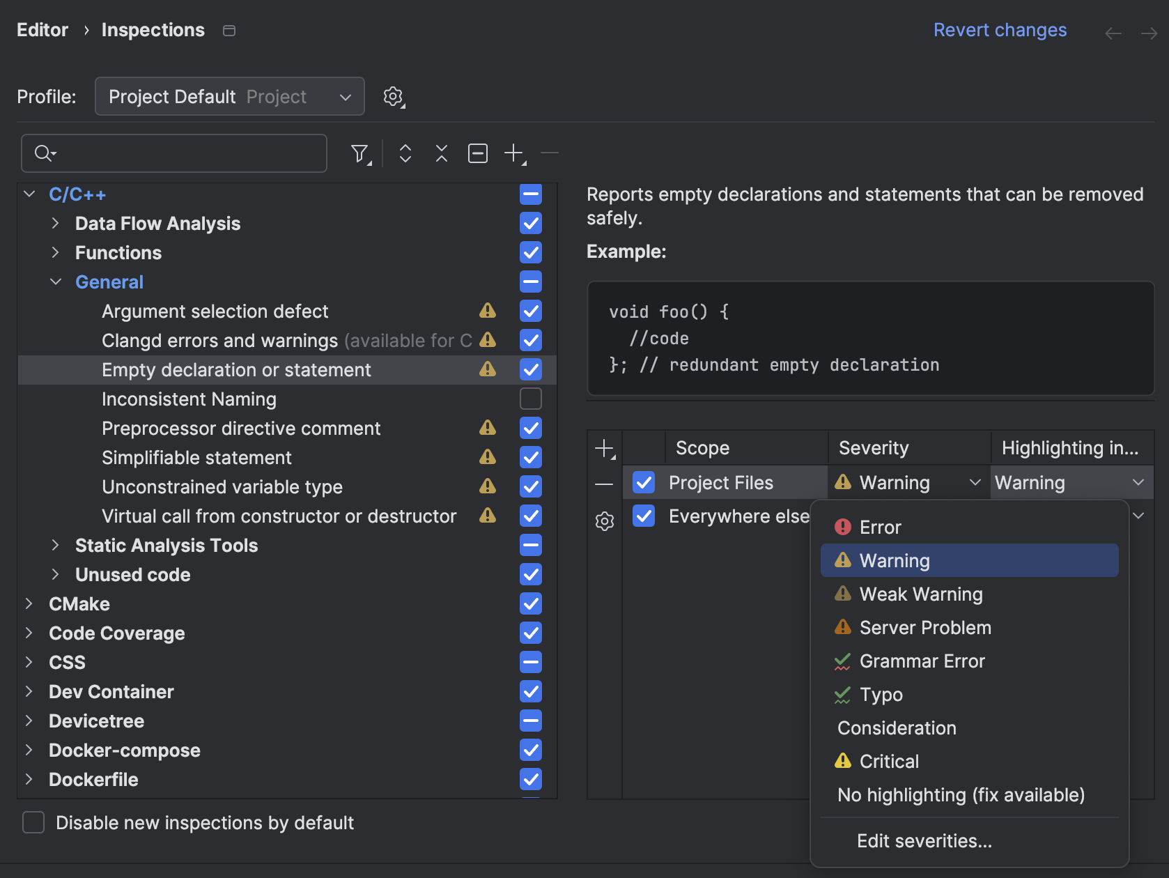 Inspection severities | CLion Documentation