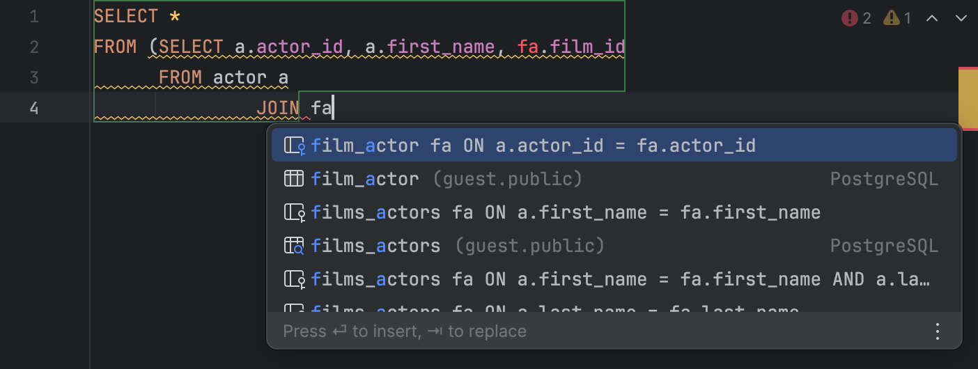 Code completion | DataGrip Documentation