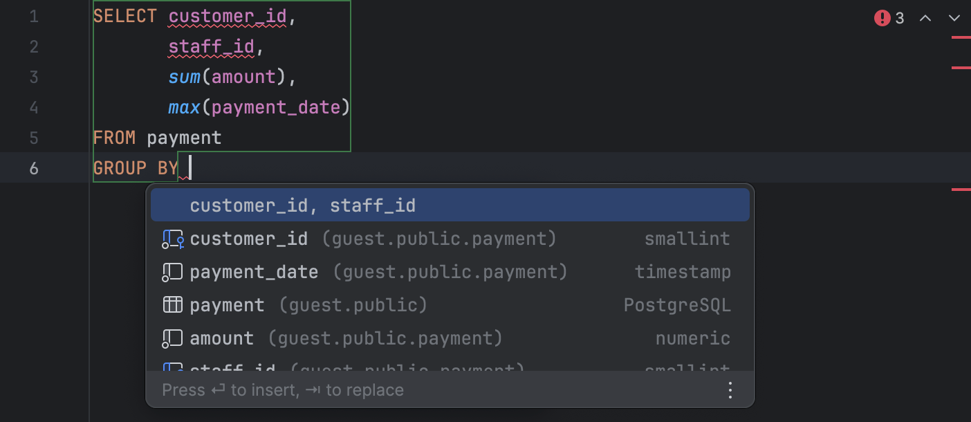 Code completion | DataGrip Documentation