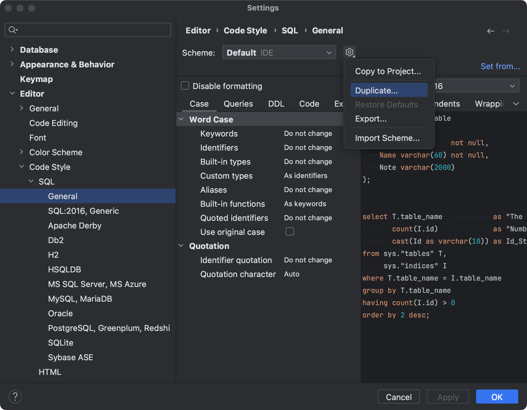 Configure the SQL code style | DataGrip Documentation