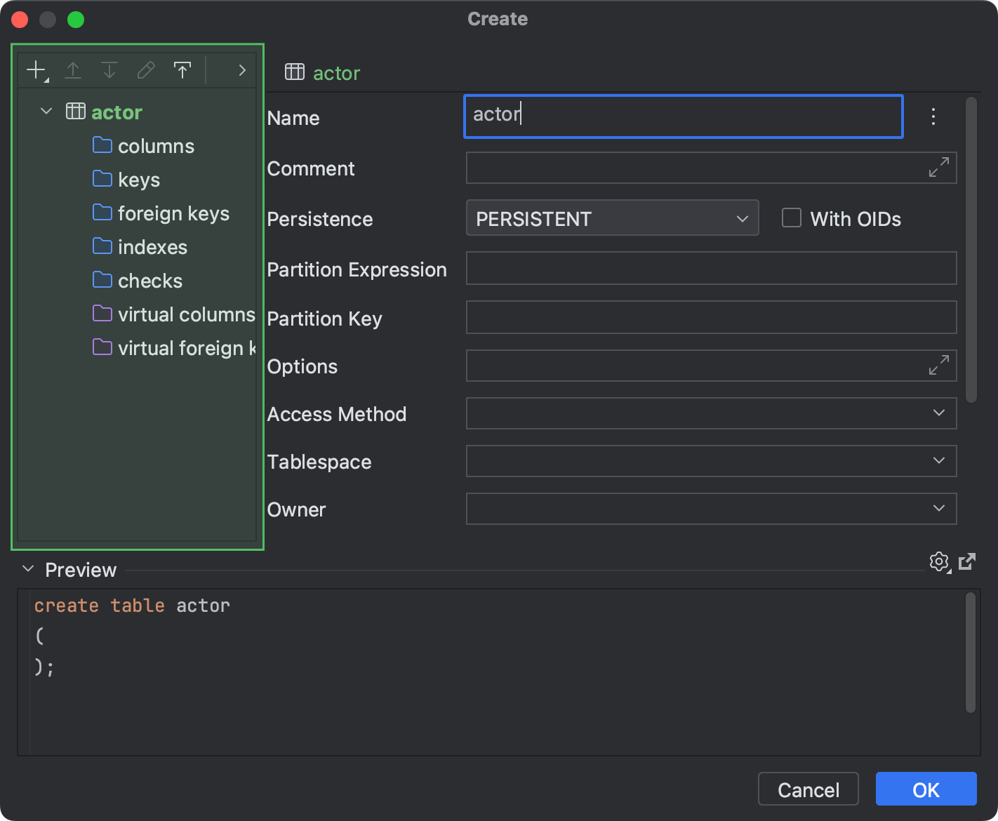 Create Table and Modify Table Dialogs | PyCharm Documentation
