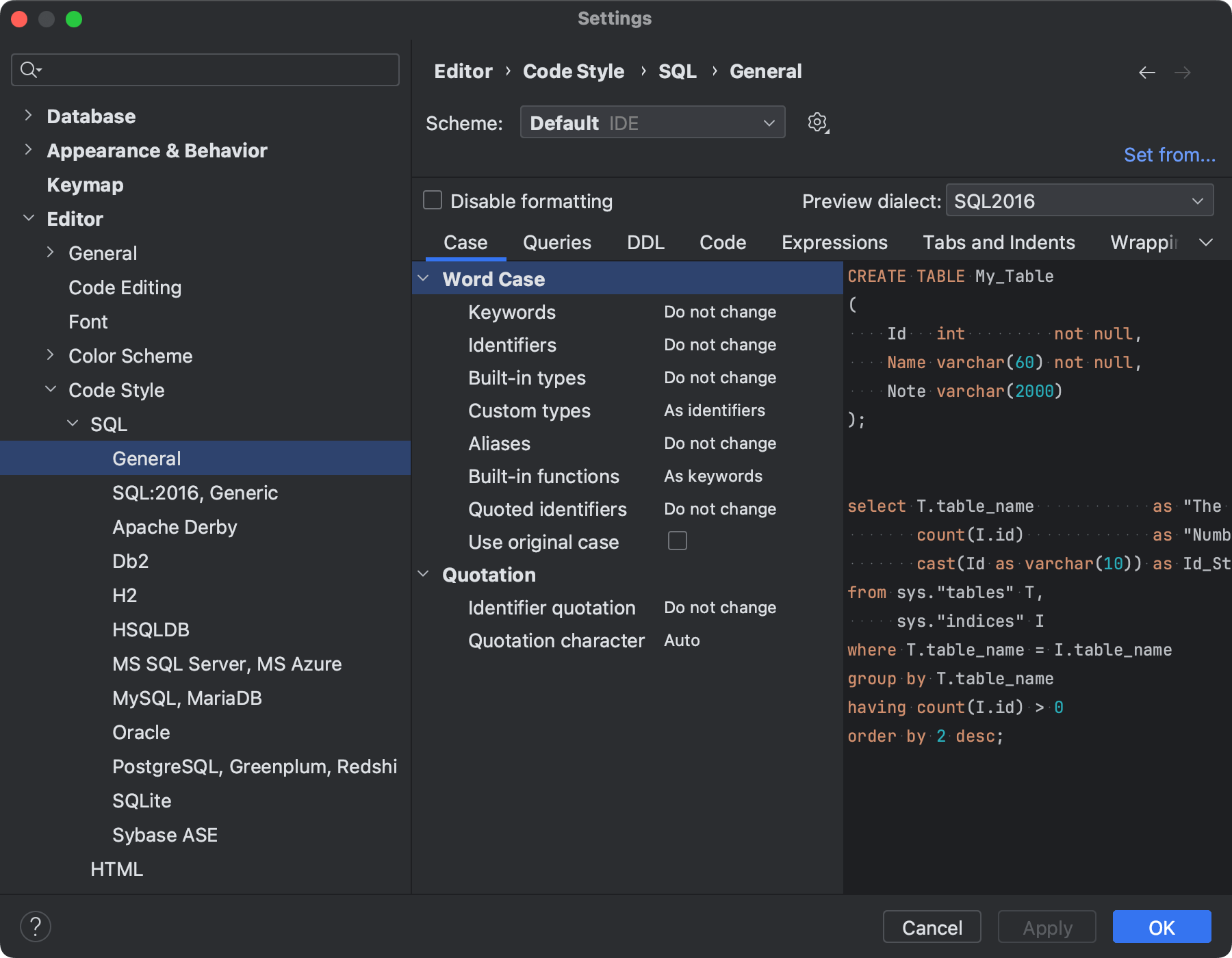 Configure the SQL code style | DataGrip Documentation