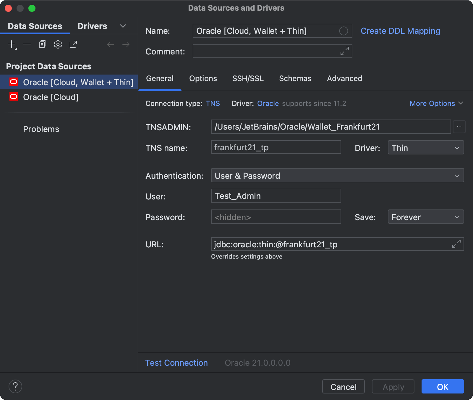 Create an Oracle Cloud data source using Wallet and Thin driver | DataGrip Documentation