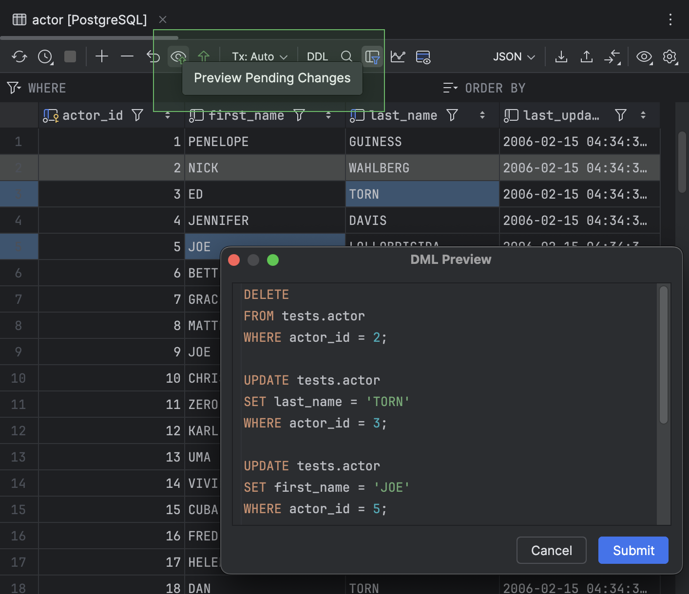 Submit changes to a database | DataGrip Documentation