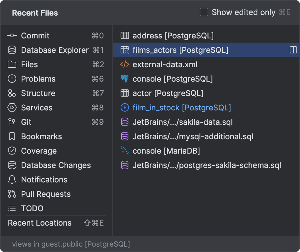 Find recent queries and files | DataGrip Documentation