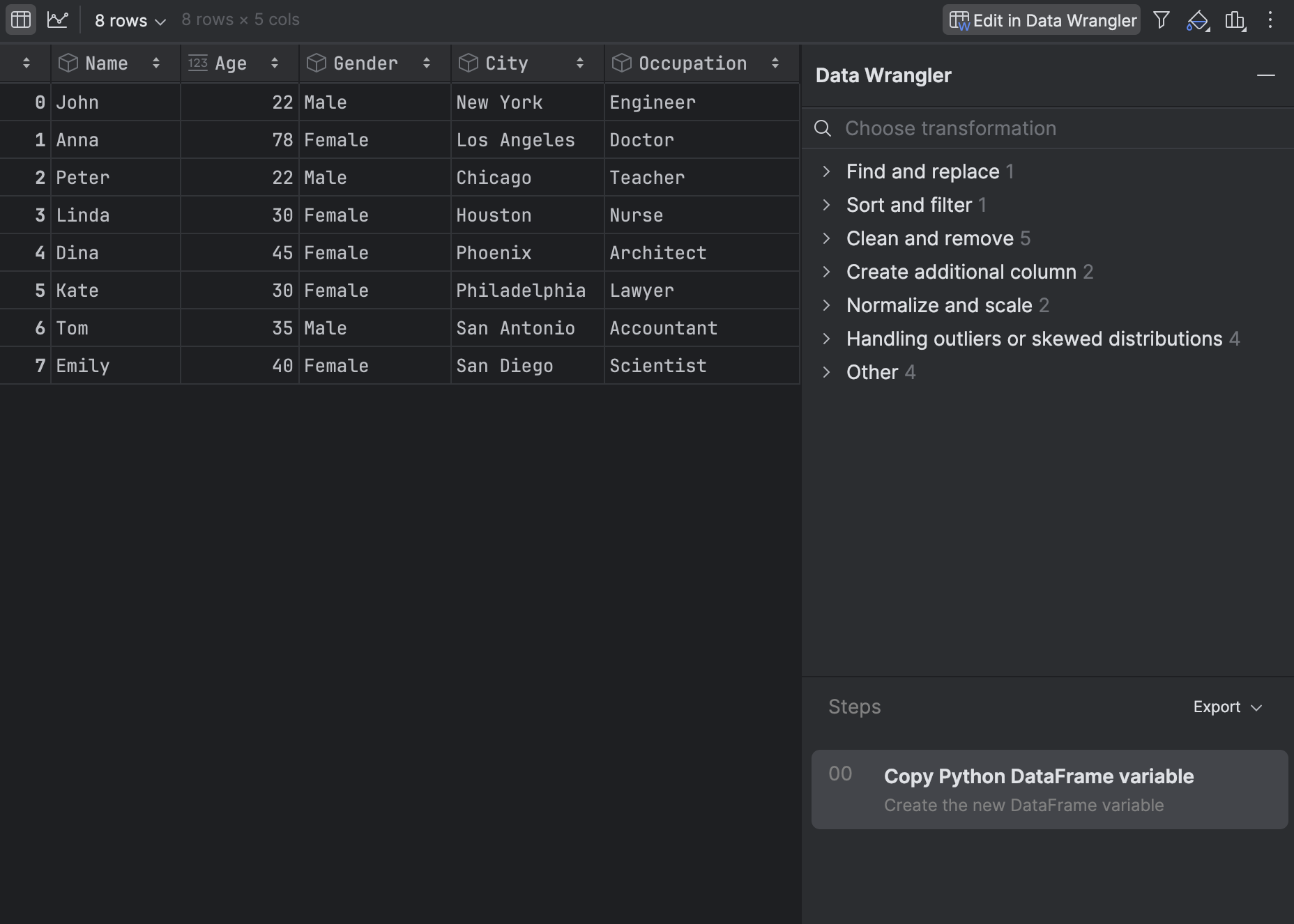 使用 Data Wrangler | PyCharm 文档