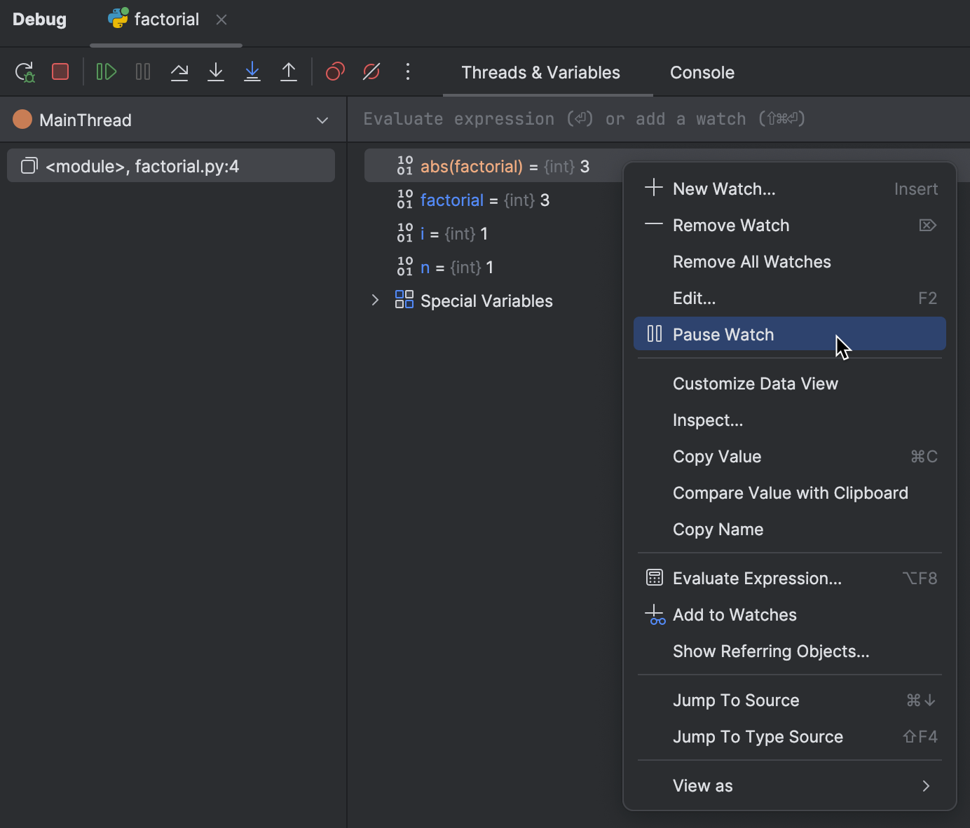 Examine suspended program | PyCharm Documentation