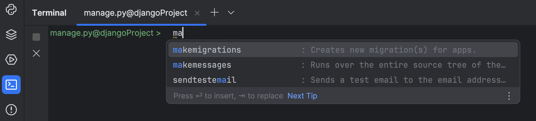 Run tasks of manage.py | PyCharm Documentation
