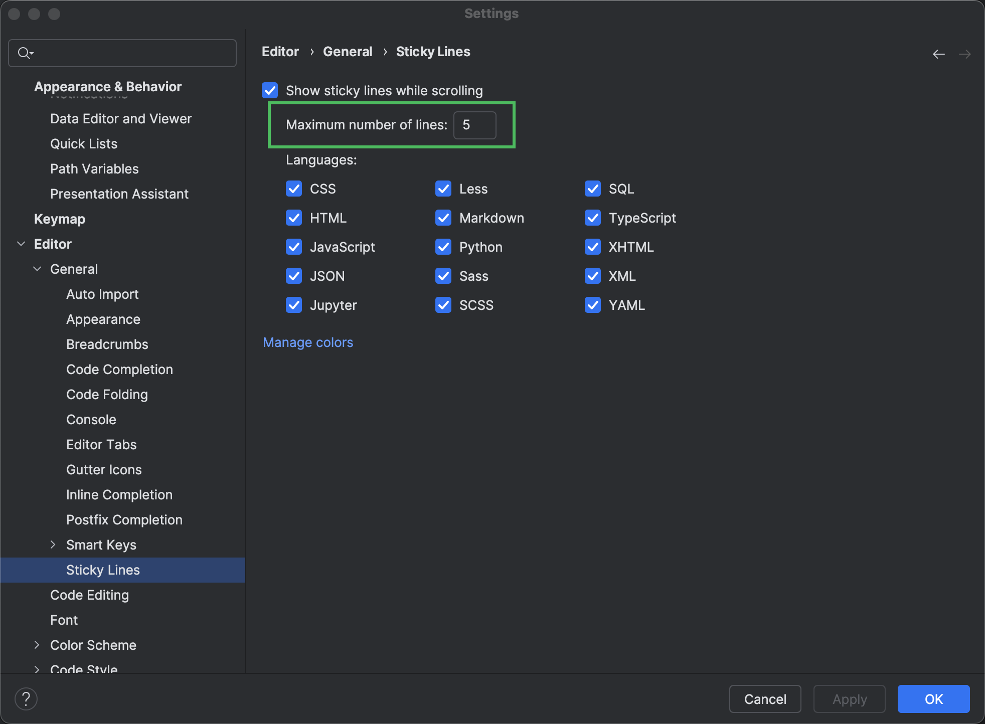 Sticky lines | PyCharm Documentation