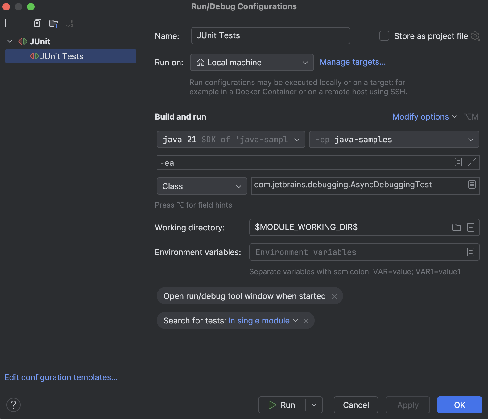 运行/调试配置：JUnit | IntelliJ IDEA 文档