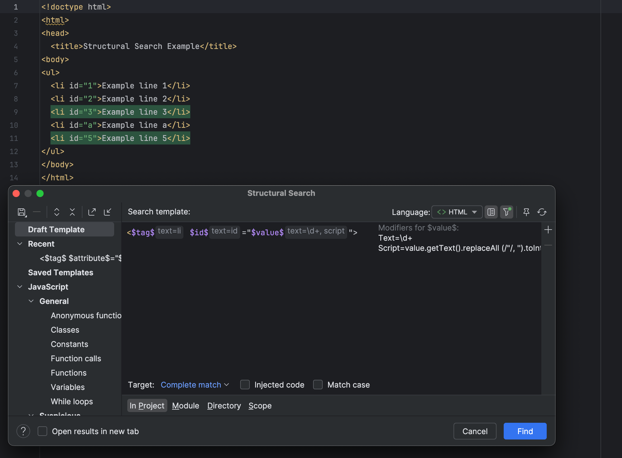 Structural search and replace examples | PhpStorm Documentation