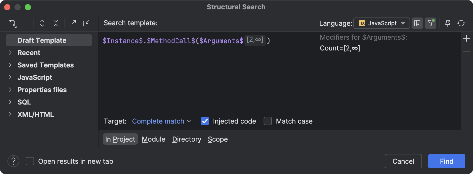 Structural search and replace examples | WebStorm Documentation