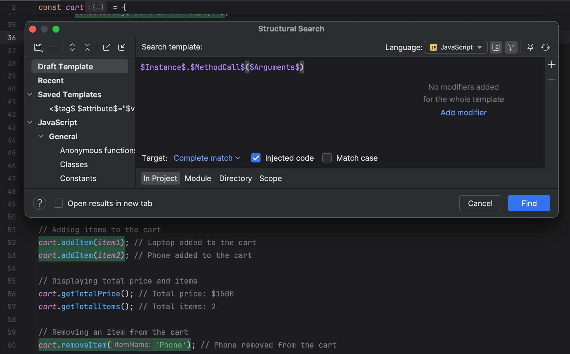 Structural search and replace examples | WebStorm Documentation