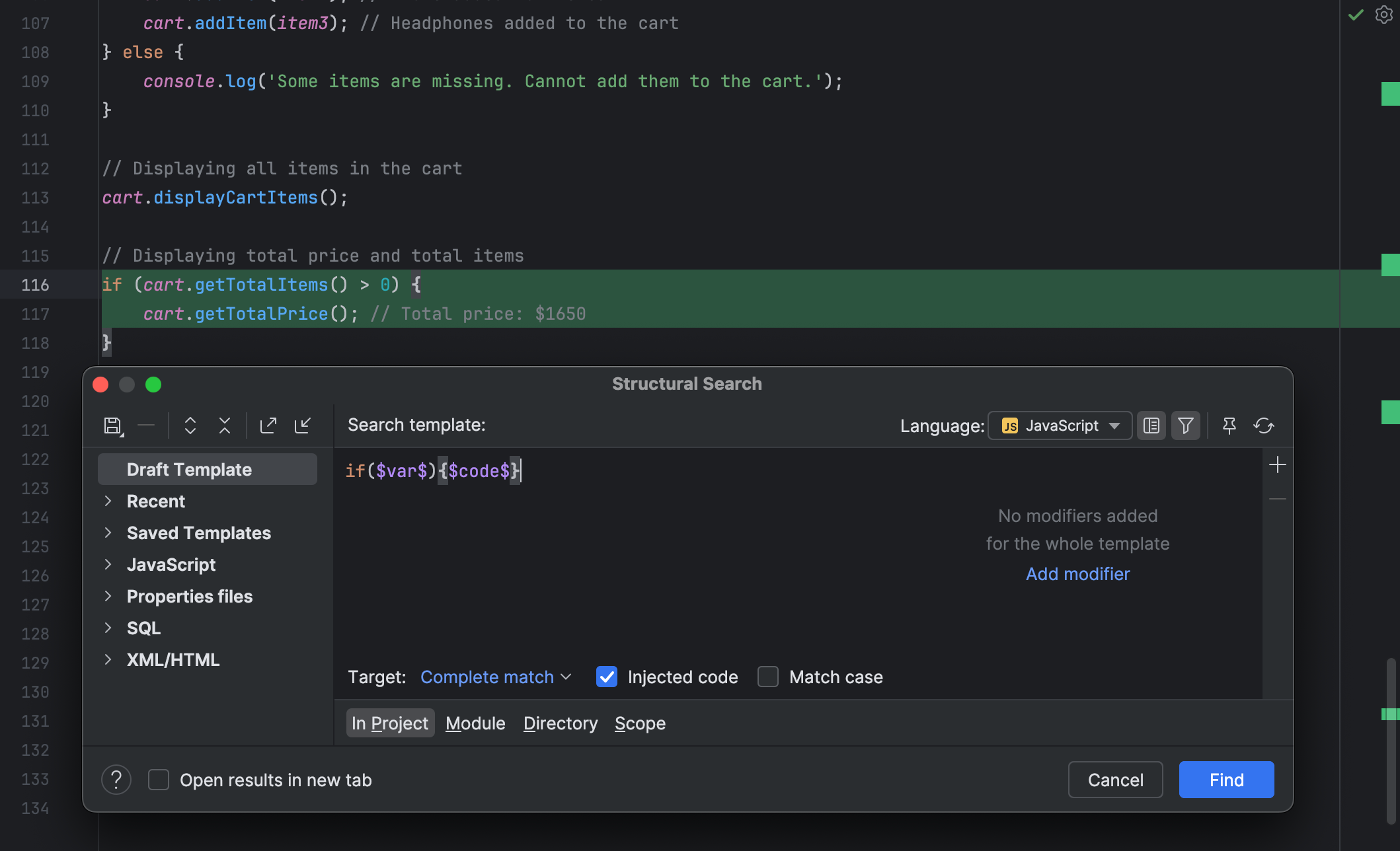 Structural search and replace examples | WebStorm Documentation