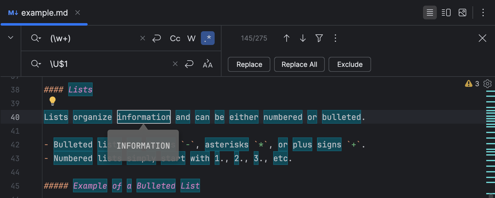 使用正则表达式查找和替换文本 | IntelliJ IDEA 文档
