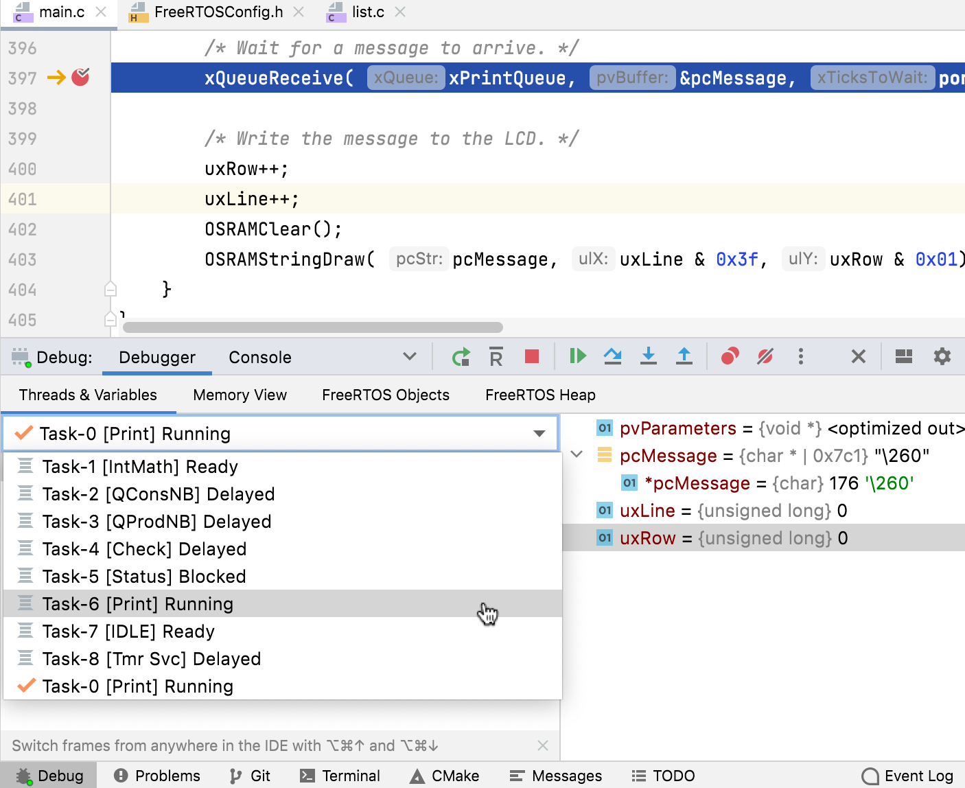 多线程 RTOS 调试 | CLion 文档