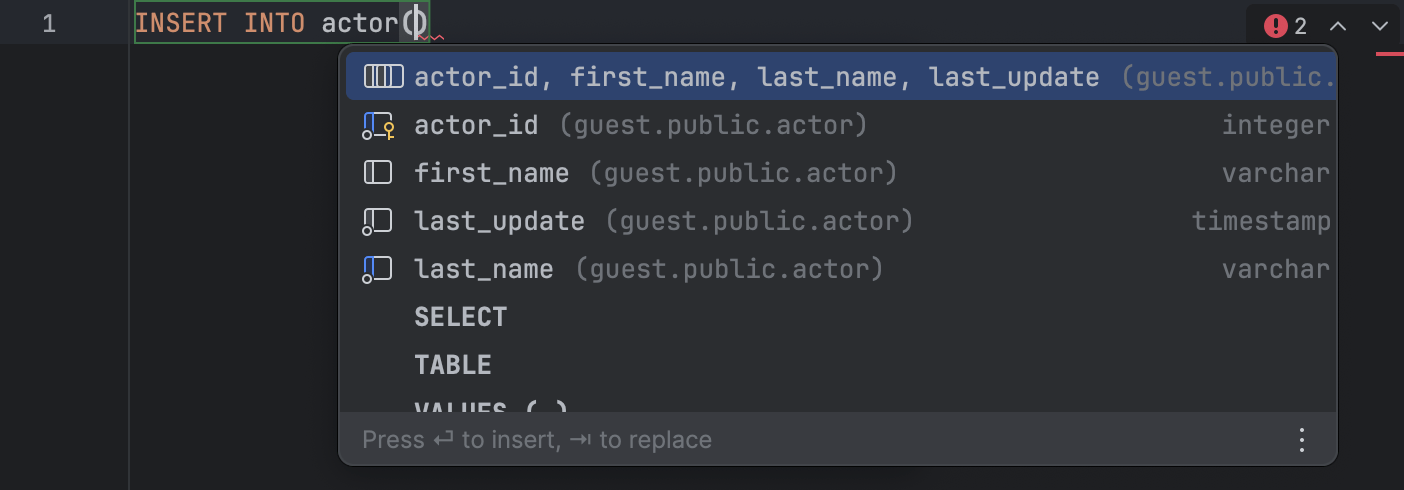 Code completion | DataGrip Documentation