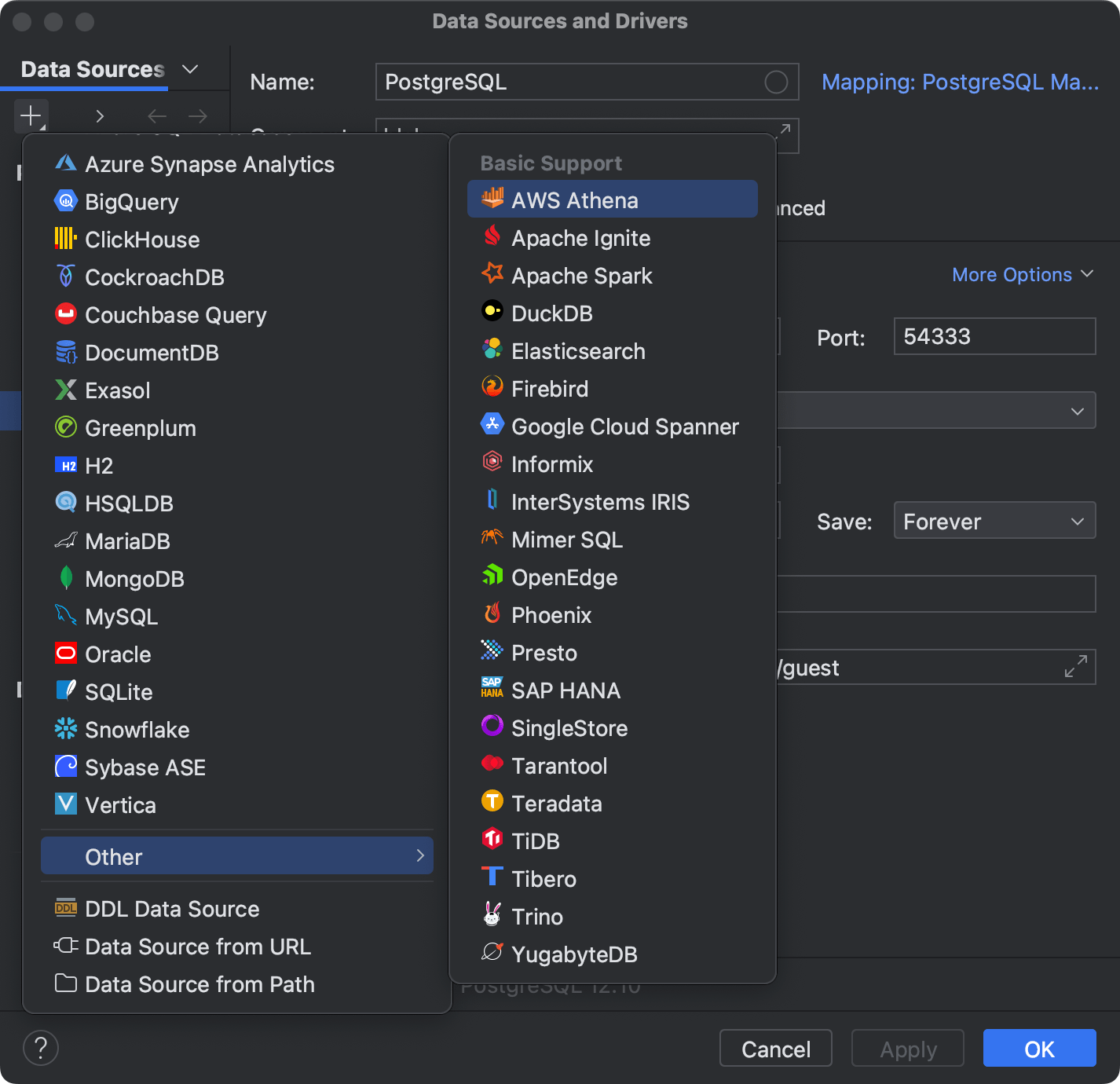 Databases with basic support | DataSpell Documentation