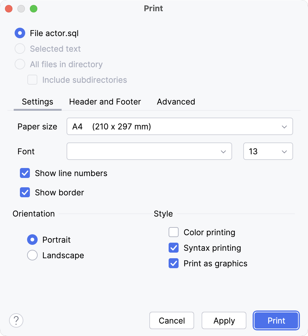 Print files | DataGrip Documentation