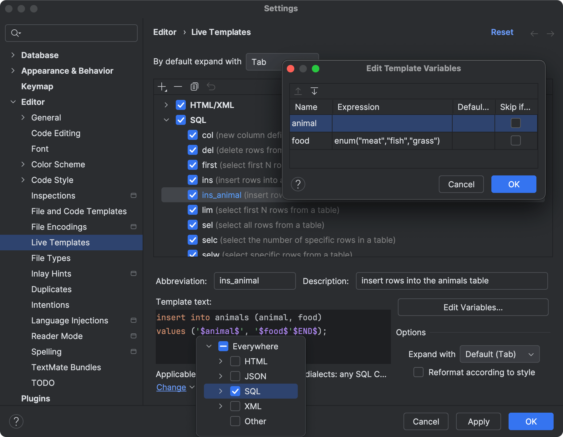 Create a live template with variables and functions | DataGrip Documentation