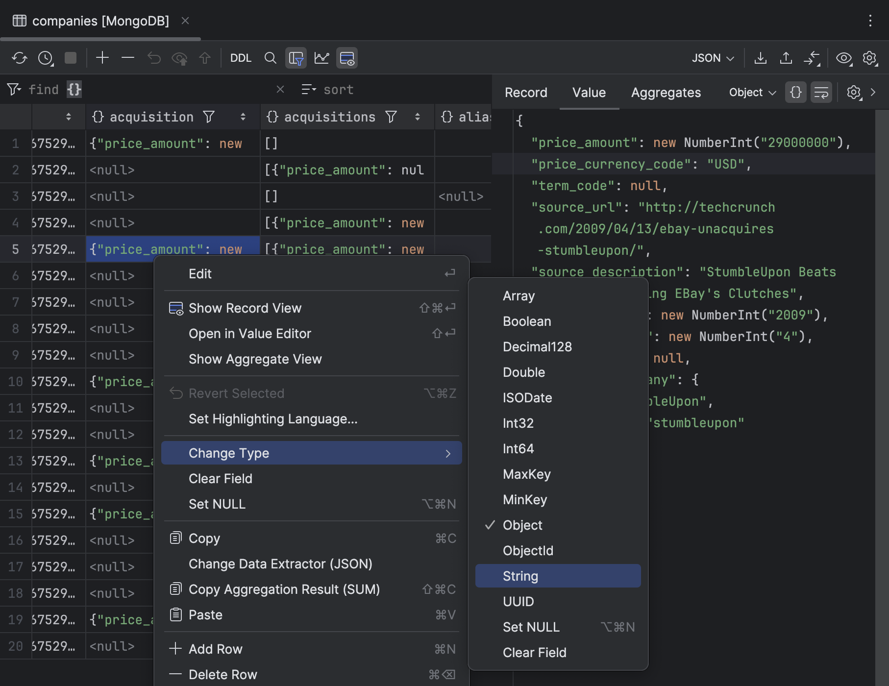 Editing data in MongoDB | DataGrip Documentation