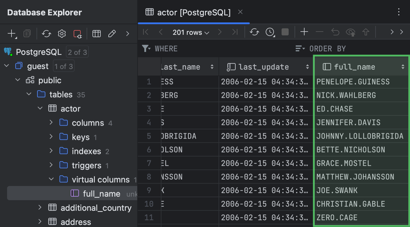 Virtual columns | DataGrip Documentation