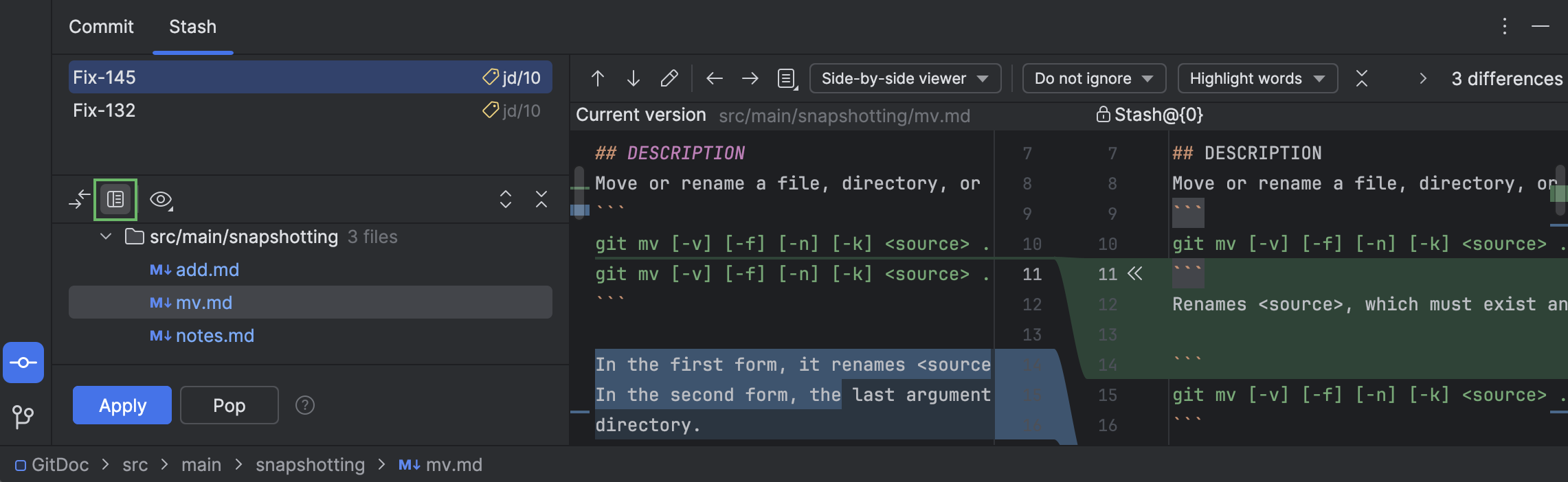 Shelve or stash changes | PyCharm Documentation