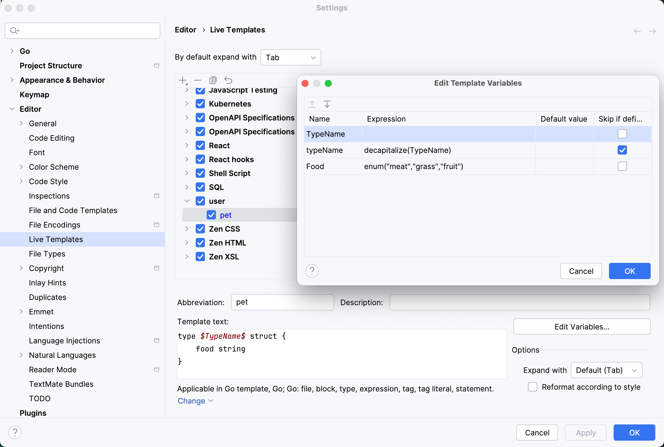 Tutorial: Create a live template with variables and functions | GoLand Documentation