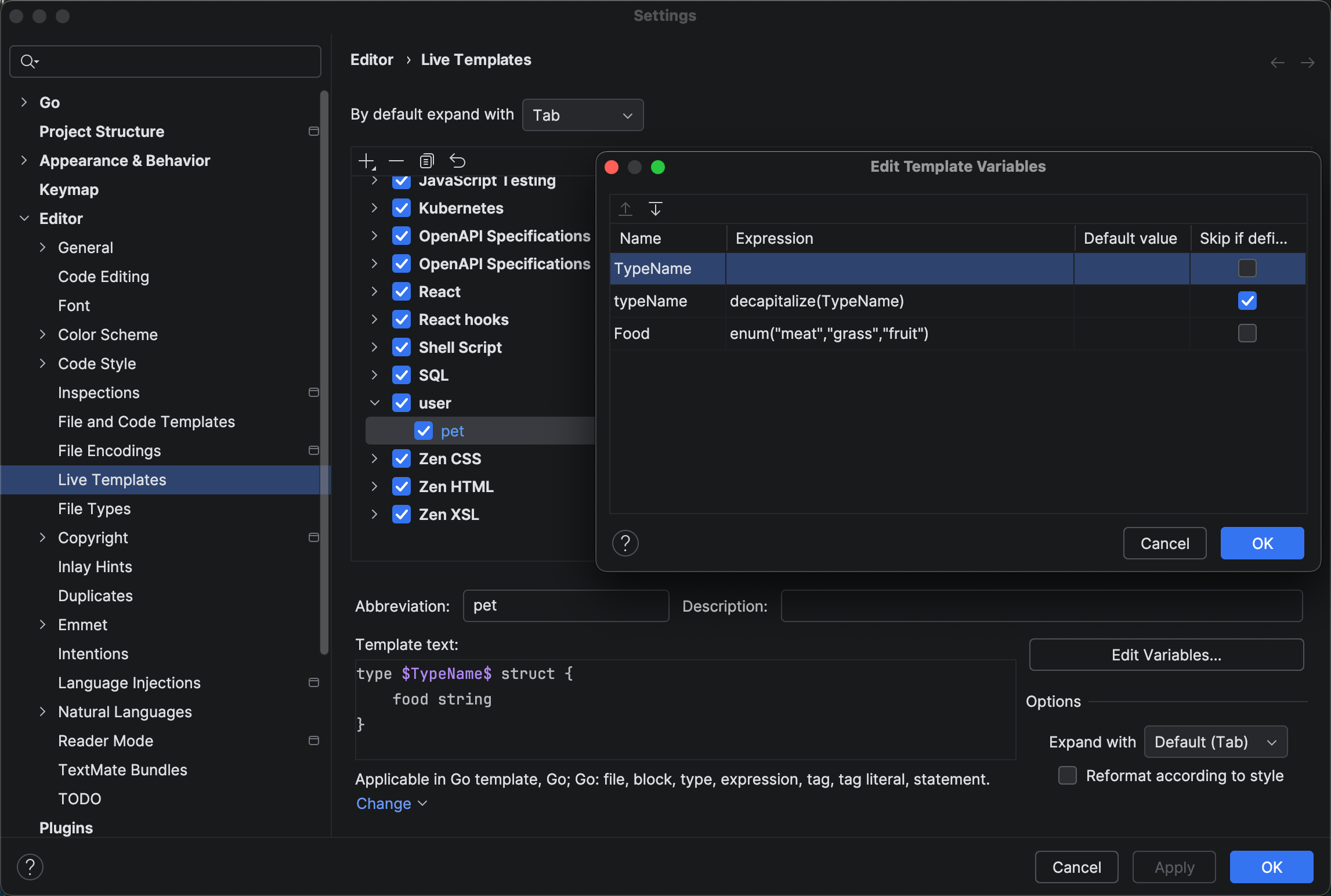 Tutorial: Create a live template with variables and functions | GoLand Documentation