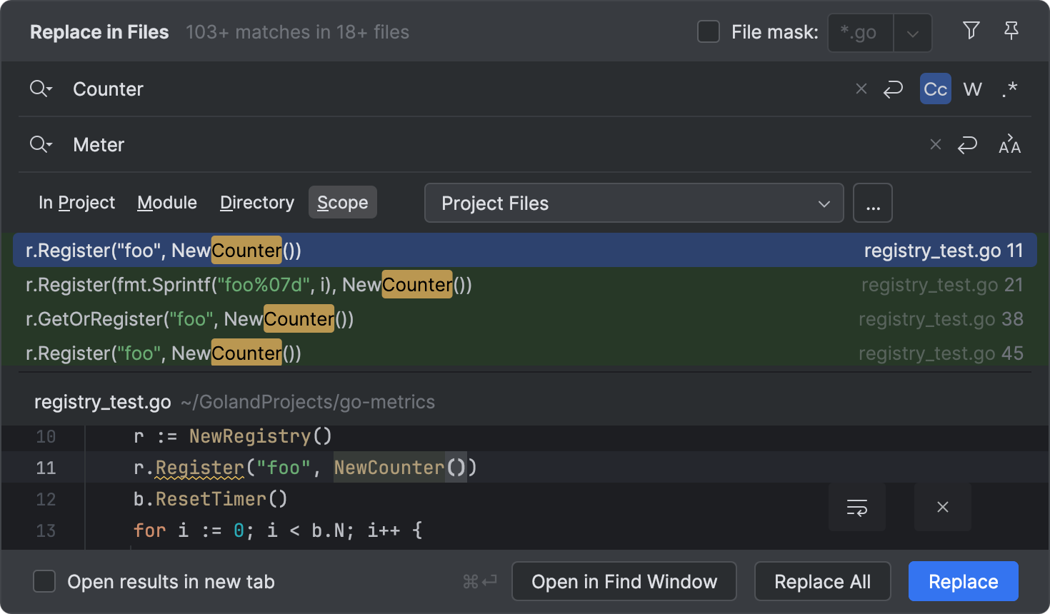 Search and replace a target within a project | GoLand Documentation