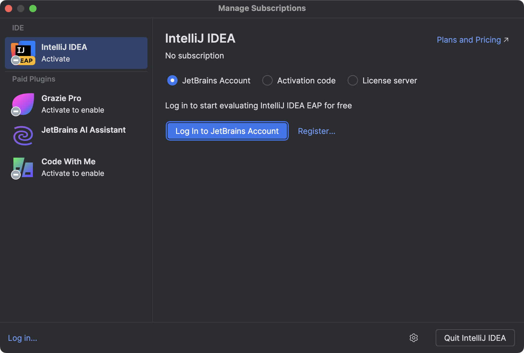 注册 IntelliJ IDEA | IntelliJ IDEA 文档
