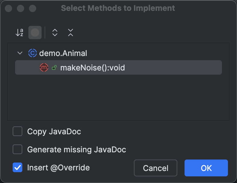 Implement methods of an interface or abstract class | IntelliJ IDEA Documentation