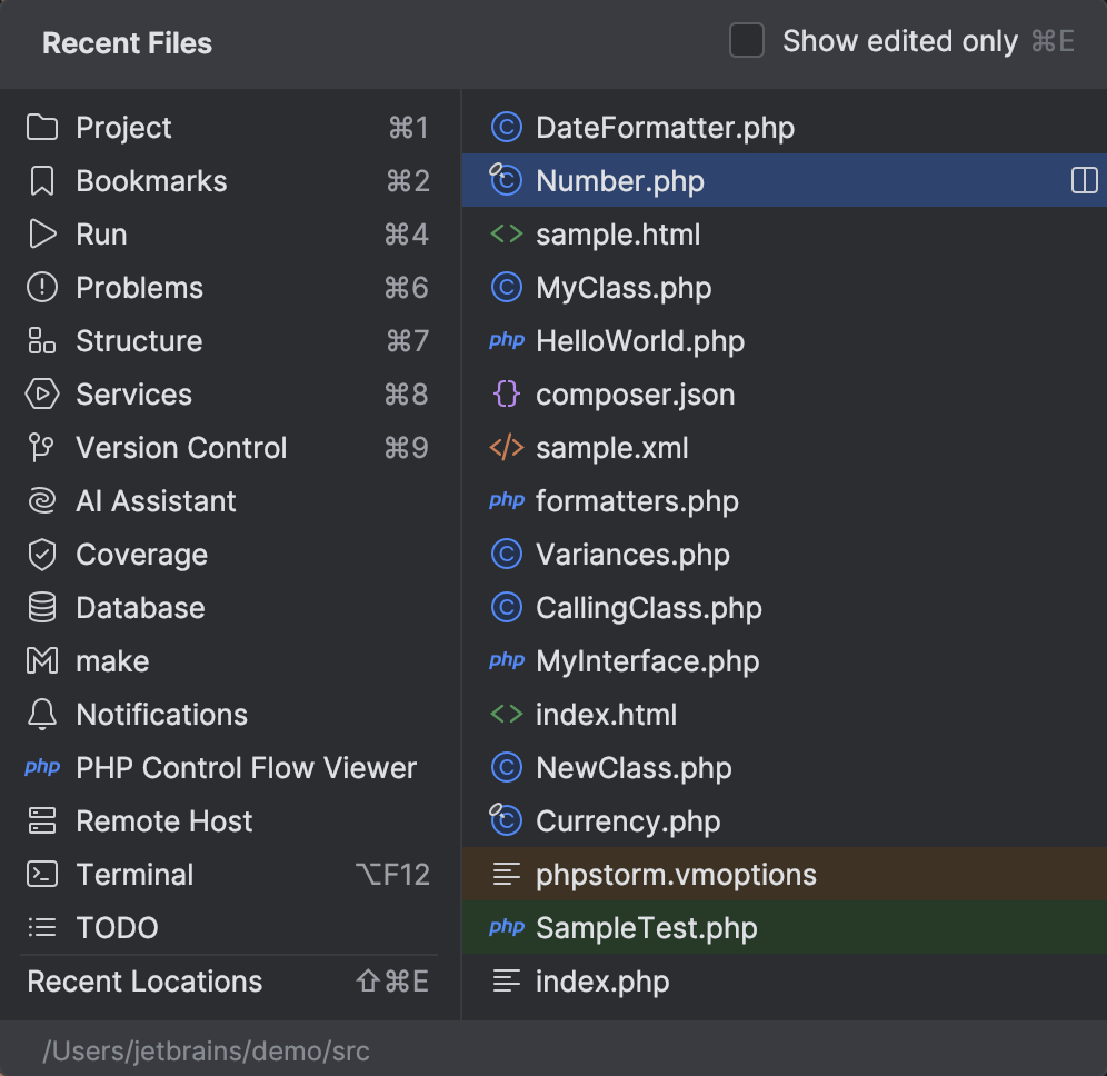 Recent files and changes | PhpStorm Documentation