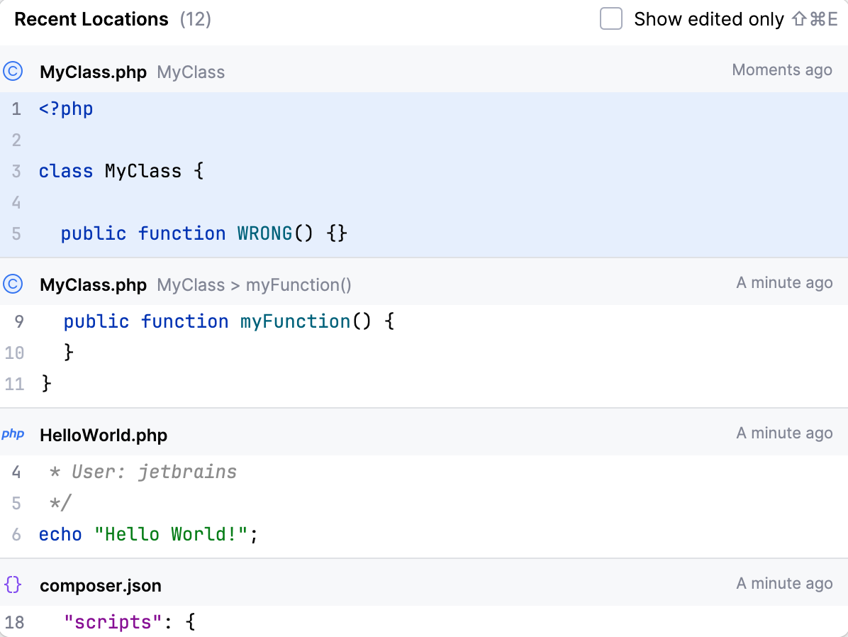 Recent files and changes | PhpStorm Documentation