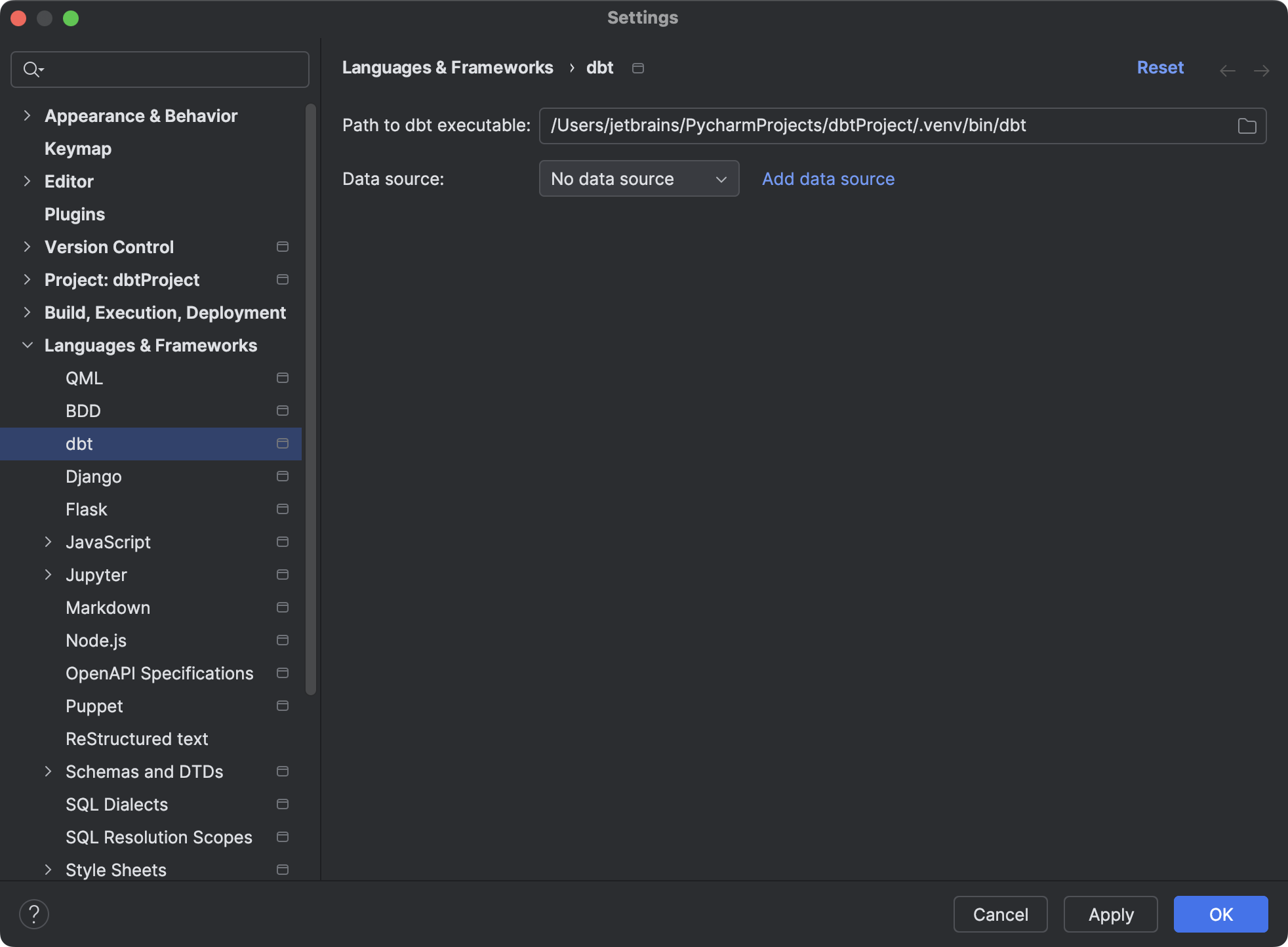 Create and configure a dbt project | PyCharm Documentation