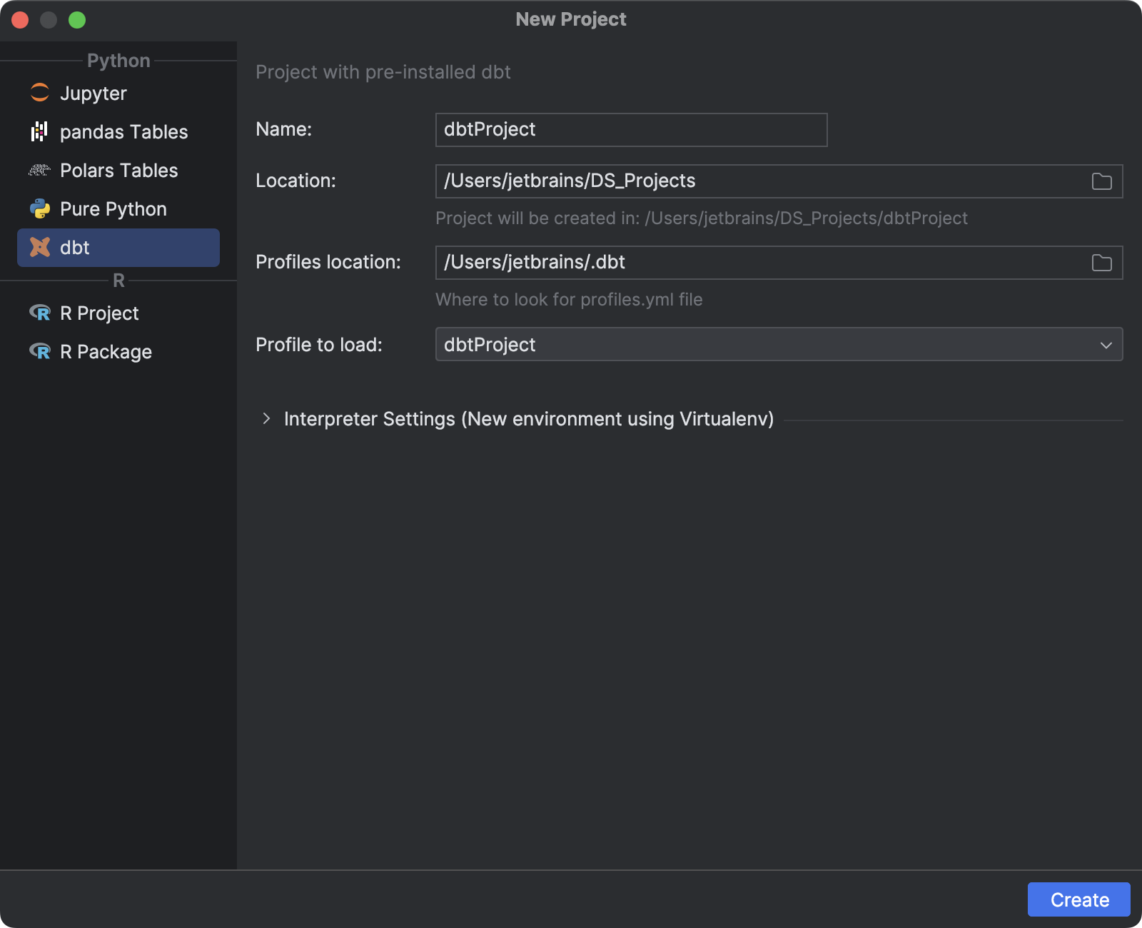 Create and configure a dbt project | DataSpell Documentation
