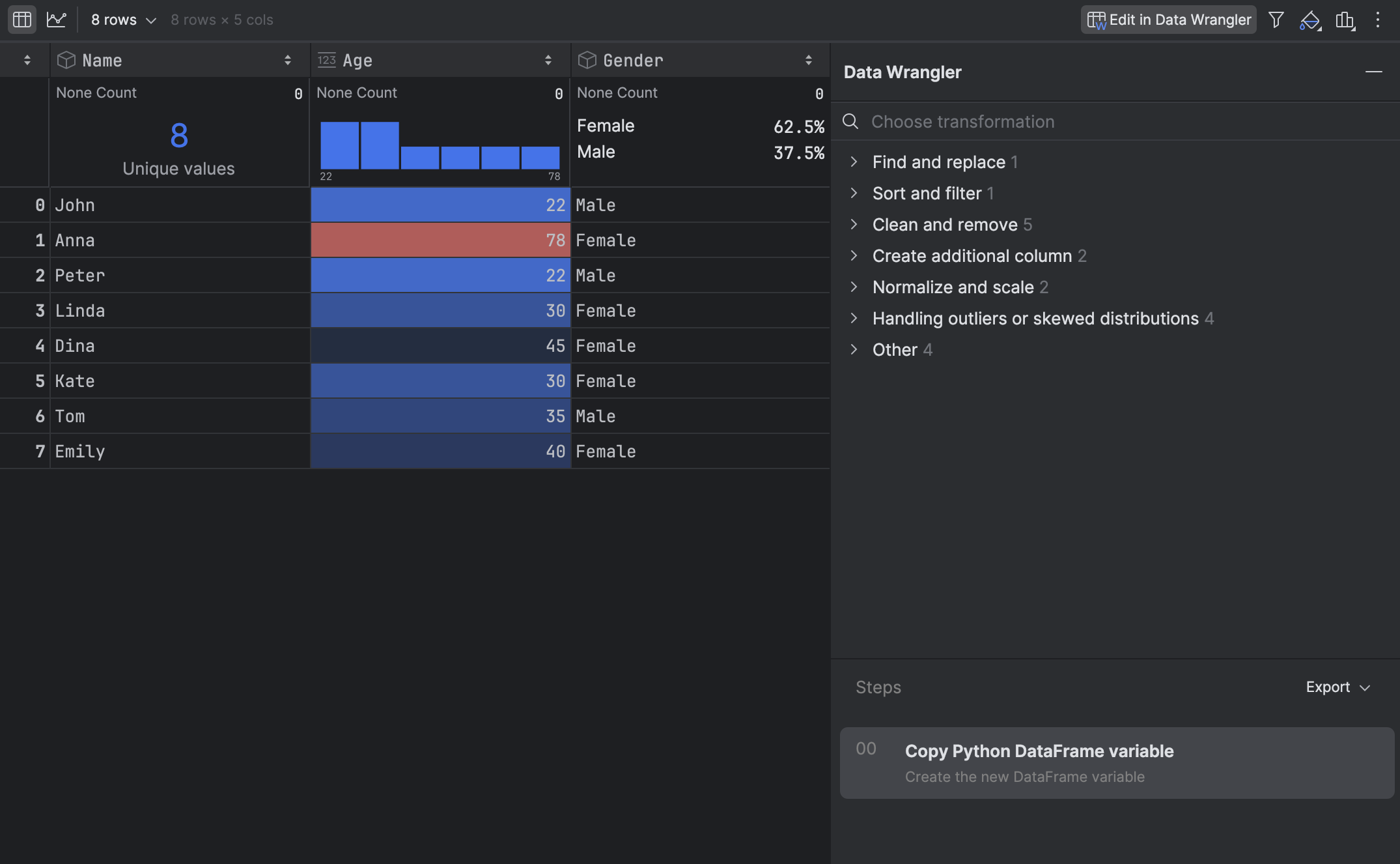Work with Data Wrangler | DataSpell Documentation