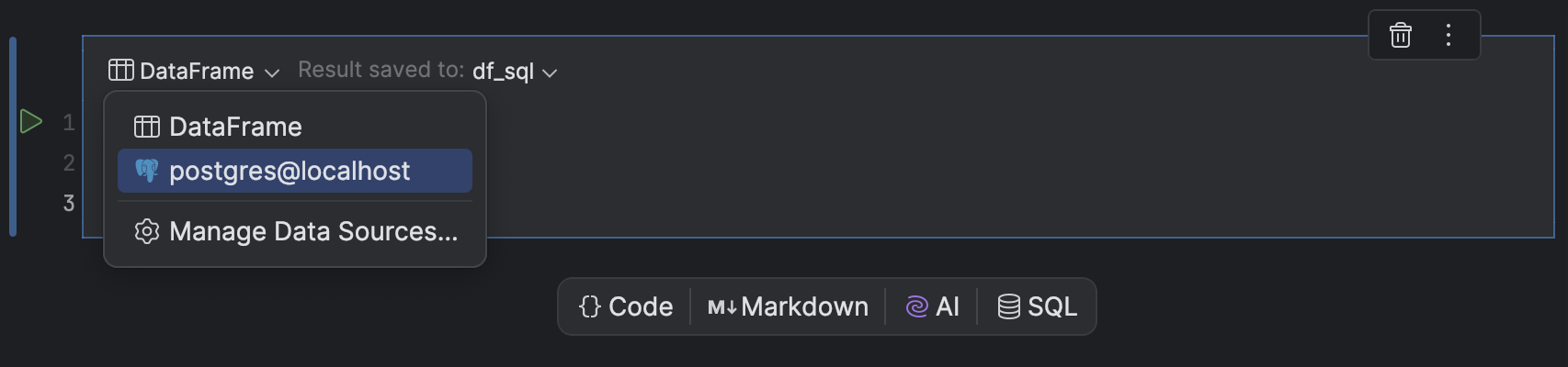 Work with SQL cells | PyCharm Documentation